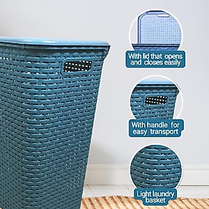 Elly décor Rattan 12 gallons Tall Plastic Laundry Hamper, Laundry Basket with Cutout Handles, Washing Bin, Dirty Clothes Storage, Bathroom, Bedroom, Closet, 48 lts blue