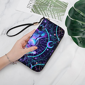 Women's Clutch Wallet Bag,Psychedelic Magic Mushrooms over Sacred Geometry Long Leather Wallets with Wristlet Strap Zipper Around Credit Card Holder GIft-TPU Durable Shockproof Lightweight Waterproof
