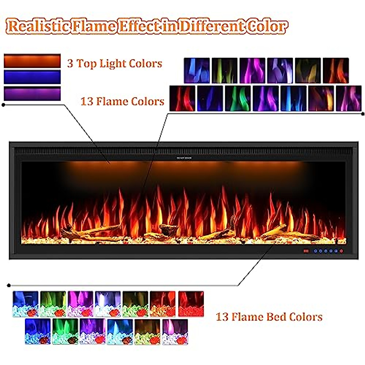 Benrocks 74'' Slim Electric Fireplace Inserts - WiFi-Enabled, Alexa & App Control, Recessed & Wall Mounted, 13 * 13 * 3 Flame Color Combinations, 750W/1500W, Black