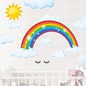 HERRA Sparkling Rainbow Cloud Animal Wall Decal Wall Sticker, Home Decor Peel and Stick Removable Rainbow Cloud Animal Wall Stickers Wall Mural for Kids Nursery Bedroom Living Room