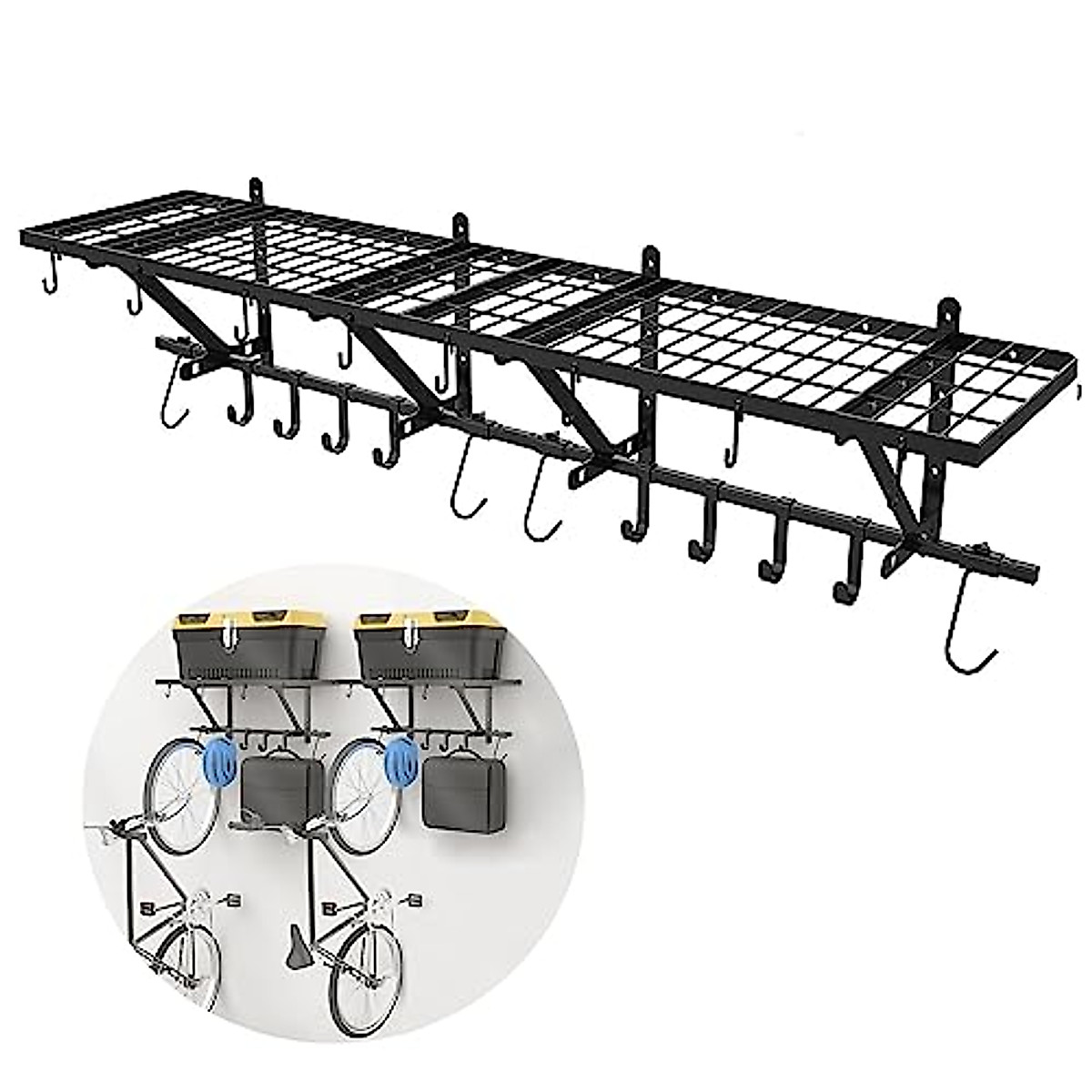 tonchean Garage Shelving Wall Mounted 2 Pack with Bike Hooks Garage Wall Shelves 14”x32“ Garage Floating Shelves Garage Storage Shelves Heavy Duty Wall Mount, 500lb Weight Capacity