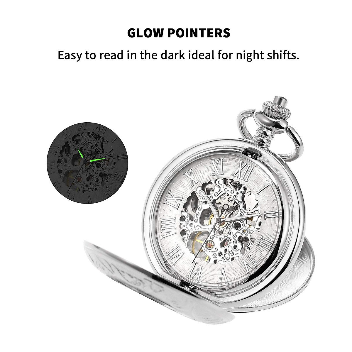TREEWETO Men's Mechanical Skeleton Pocket Watch for Mens Women Roman Numerals Dial Silver Tone Double Case Pocket Watches