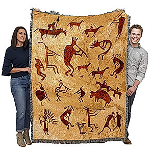Kokopelli Petroglyphs Blanket - Southwest Cave Rock Art - Gift Tapestry Throw Woven from Cotton - Made in The USA (72x54)