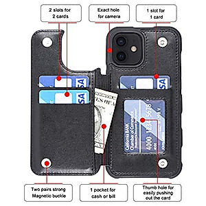 Arae Case for iPhone 12 and iPhone 12 Pro - Wallet Cover with PU Leather Card Holder - Black