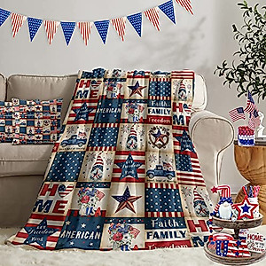 Patriotic Gnome Blanket USA Flag Throw Blankets Retro Plaid Soft Flannel Fleece Comfort Blanket, Check American Theme 4th of July Cozy Warm Bed Cover for Sofa Couch Chair 40x50In