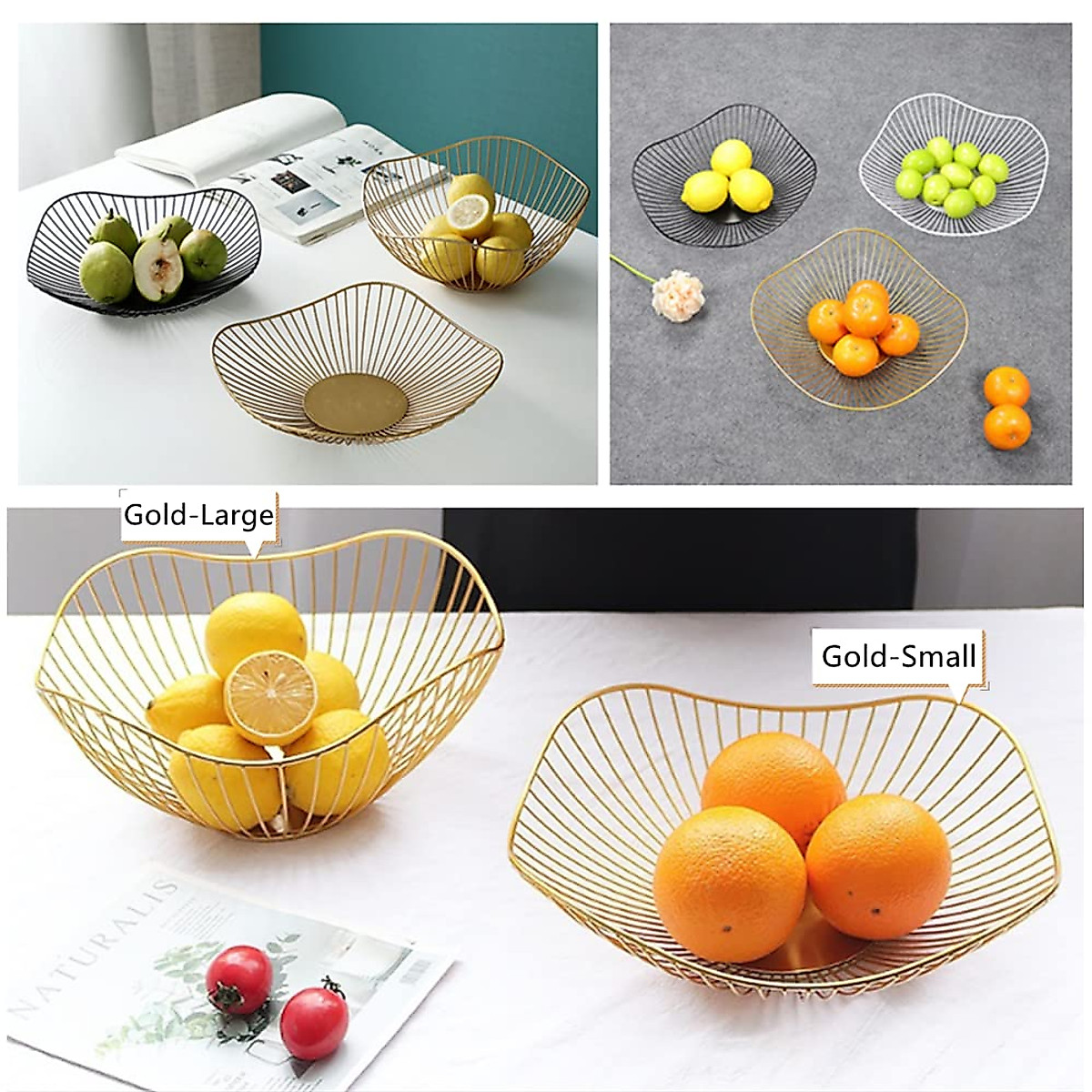 NatureMan Kitchen counter fruit bowl Large fruit basket bowl Metal wavy storage basket Kitchen vegetable and fruit bowl, used to hold fruits, vegetables and bread (Gold-Small)