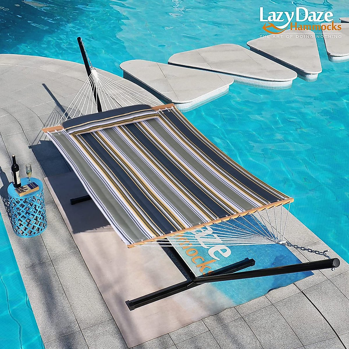 Lazy Daze Hammocks 12 FT Quilted Fabric Hammock with Spreader Bar, 2-Person Double Hammock with Chains and Pillow, Outdoor Hammock for Outside Patio Poolside Backyard Beach, 450 lbs Capacity, Froest