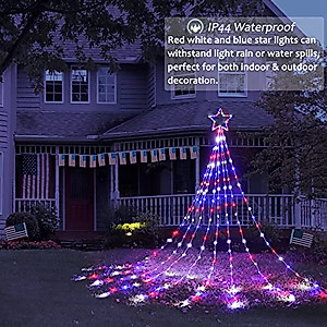 FunNite 4th of July Outdoor Star String Lights, 13ft 240 LED Red White and Blue Curtain Lights Patriotic Fairy Lights Waterproof for Independence Day Tree Yard Garden Wall Party Holiday Decor