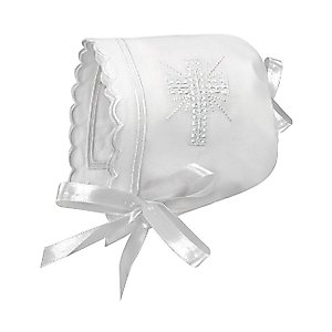 Stephan Baby Bonnets - White Cotton Christening Bonnet with Cutwork Embroidered Cross and Satin Bows, One Size, Scalloped Hem