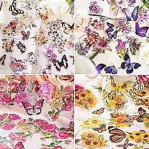 Knaid 300 Pieces Assorted Butterfly and Flower Stickers, Transparent Butterflies Floral Resin Decals Aesthetic Journaling Scrapbook Stickers for Card Making Bullet Junk Journal Planner Craft Supplies