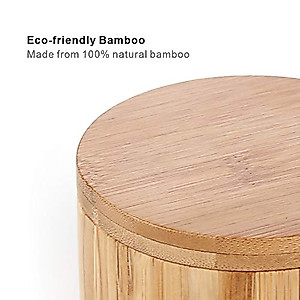 KITCHENDAO Bamboo Salt Cellar Bowl Box Container with Built-in Spoon to avoid Dust, Elegant Kitchen Salt Dish Holder Saver Jar with Swivel Magnetic Lid to Storage Pepper Spice Bath Salt Sea Salt, 6OZ