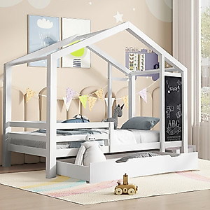 HUMEHA Twin House Bed with Drawers, Kids Platform Bed Frame with Blackboard, Montessori House Bed with Slats and Roof for Teens Girls Boys, 80.1" L x 41.9" W x 72" H, White