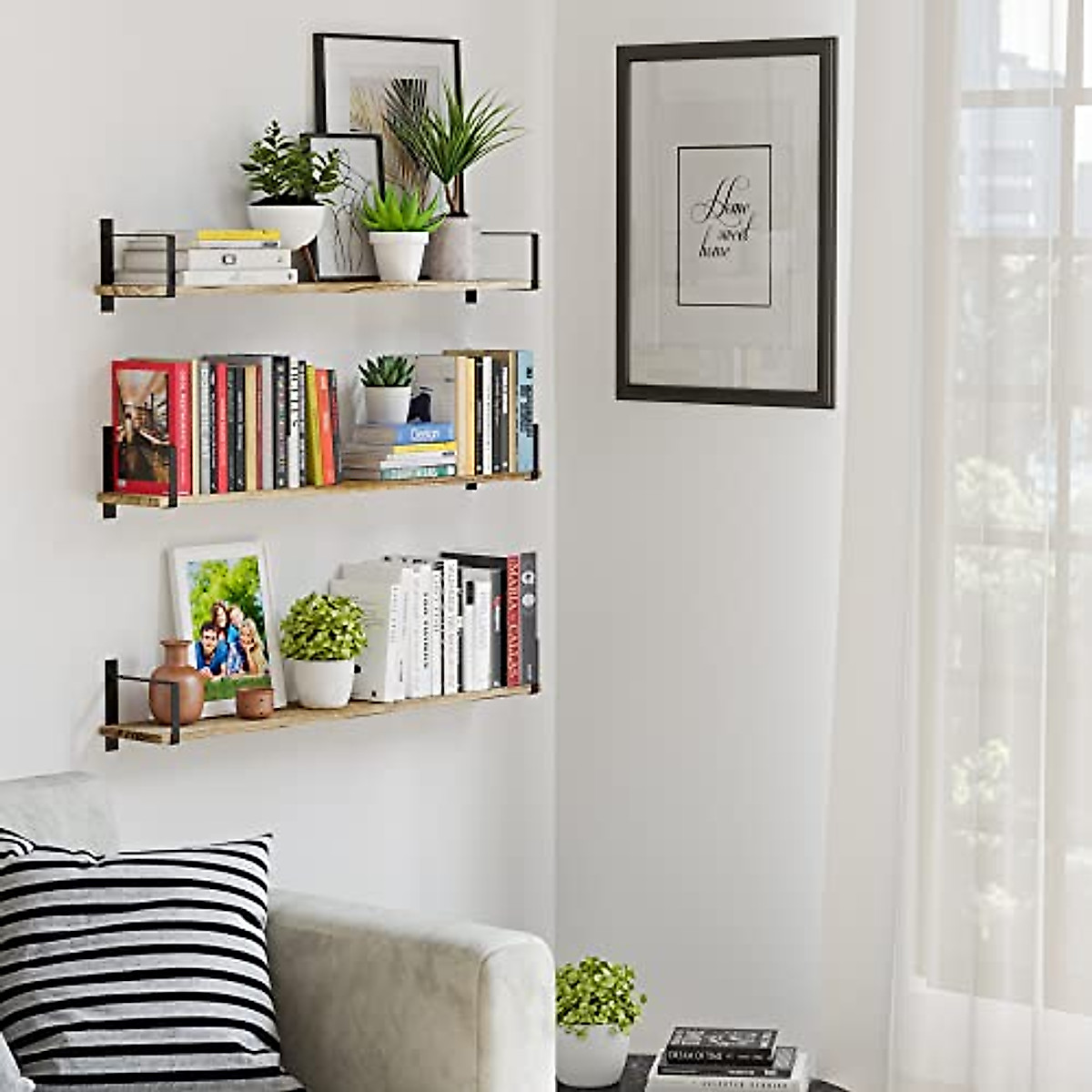 Wallniture Toledo Floating Bookshelf Set of 3, Wood Floating Shelves for Wall Storage, 36"x6" Long Wall Shelves for Living Room, Bathroom, Bedroom, Kitchen Pantry,Burnt Finish