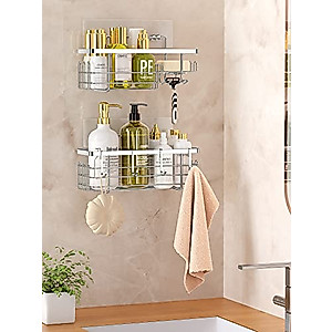 PARAKE Shower Caddy Organizer with Soap Holder, 2-Pack SUS304 Stainless Steel Shower Shelves, Self Adhesive Rustproof Shower Caddy with Hooks, for Bathroom Shampoo Soap Storage Kitchen Rack, Silver