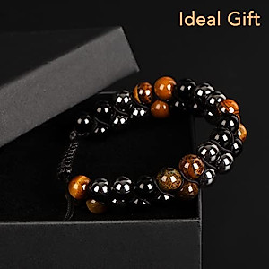 Verybegin Handmade Bracelet, Protection Bracelet, 8mm Beads of Natural Black Hematite and Yellow Tiger Eye and Black Agate Stone Bracelet, Bring Luck and Prosperity and Happiness