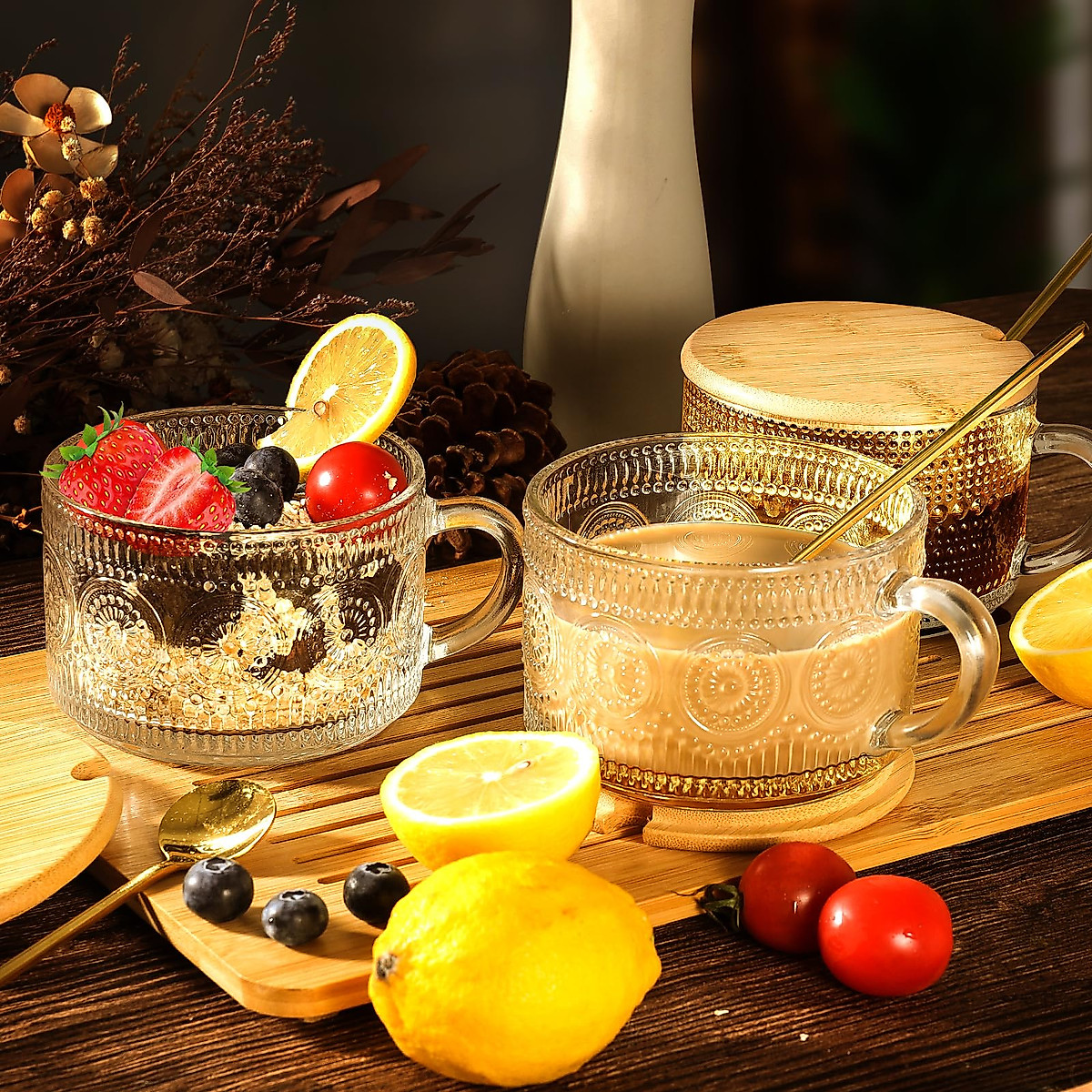 14oz Glass Coffee Mugs Cups , Overnight Oats Containers with Bamboo Lids and Spoons,Coffee Bar Accessories,Clear Embossed Tea Cups,Coffee Cups for Cappuccino, Latte,Christmas Thanksgiving Gift