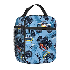 Gbuzozie Monster Truck Cars Pattern Lunch Bag Insulated Portable Reusable Lunch Box With Zipper For Women Men Picnic Beach