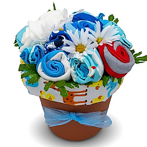 Baby Boy Clothing Flower Bouquet | Newborn Baby Boy Gift Basket with Baby Clothing Arranged Like Celebration Flowers, Creative Unique Blue Baby Set for Expecting Moms, Includes Spaceship Clothing Set