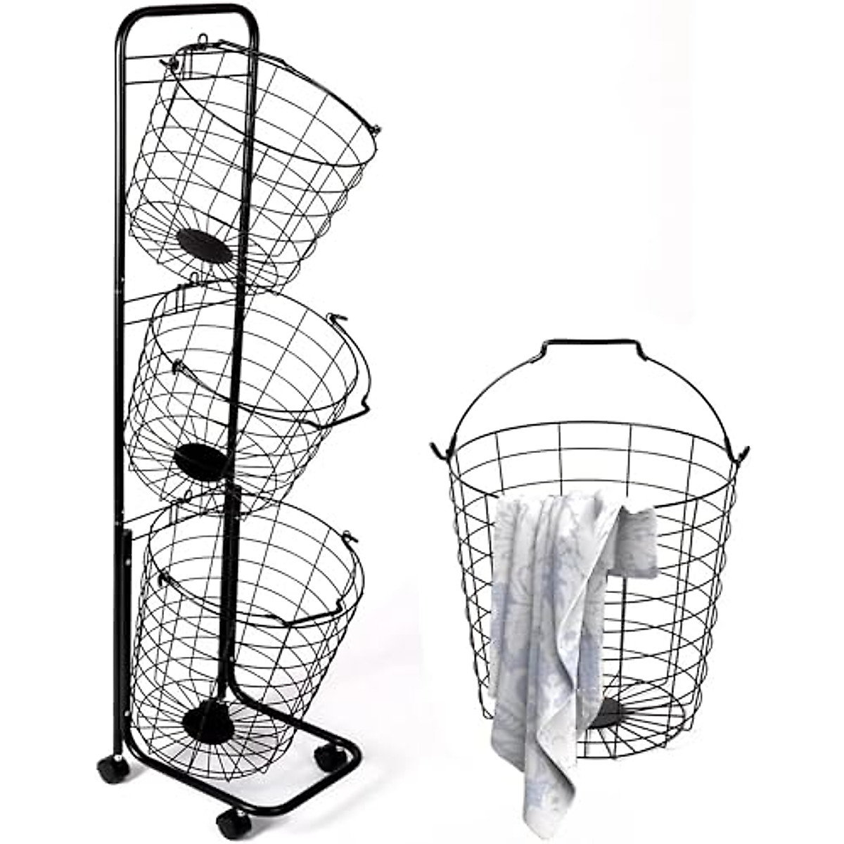 Removable 3 Tier Metal Rolling Laundry Basket Cart,Large Capacity Wire Basket Laundry Hamper with Wheels, Laundry Butler for Bathroom Bedroom Laundry Room