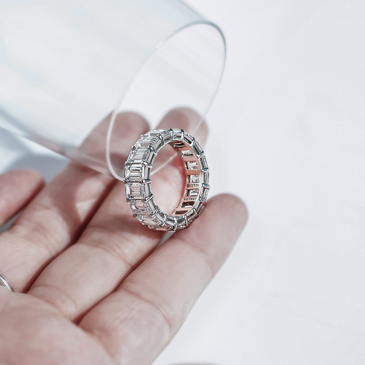 DIAMONBLISS Eternity Ring For Women 14K Yellow Gold, Rose Gold, Platinum Plated 925 Sterling Silver Infinity Band | 10.30 Carats Emerald Cut Cubic Zirconia CZ Simulated Diamond (White, 7)