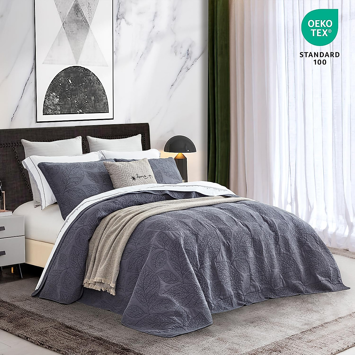 CHIXIN Botanical Cotton Quilt Queen Size - Real Stitching Leaf Pattern - Quilted Bedspread Coverlet Set, Ultra Soft, Lightweight, Reversible, 3 Piece, Dark Grey