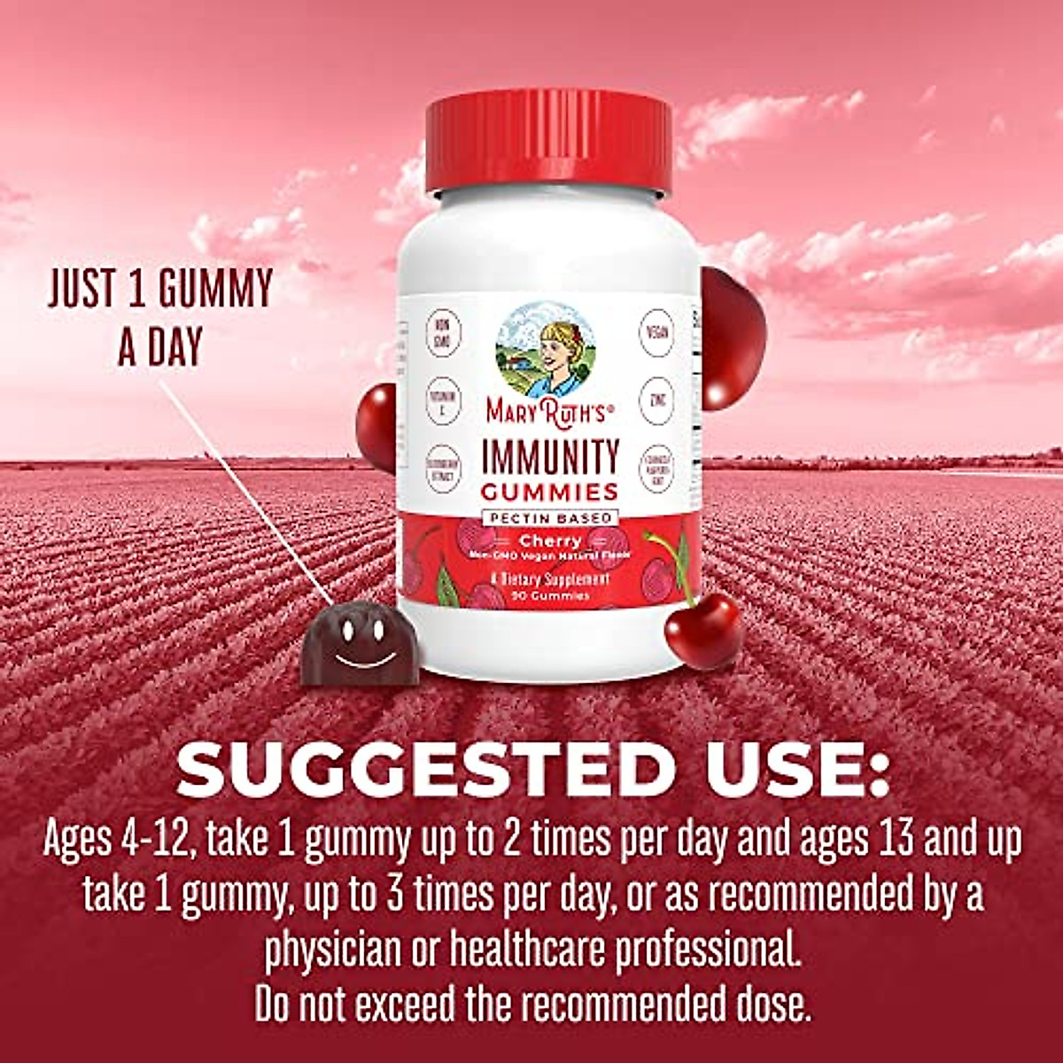 MaryRuth's Immune Support Elderberry Gummies with Echinacea | Vitamin C and Zinc for Adults & Kids | Immune Defense Gummy Vitamins | Cherry | Vegan | Non-GMO | 2 Pack | 90 Count