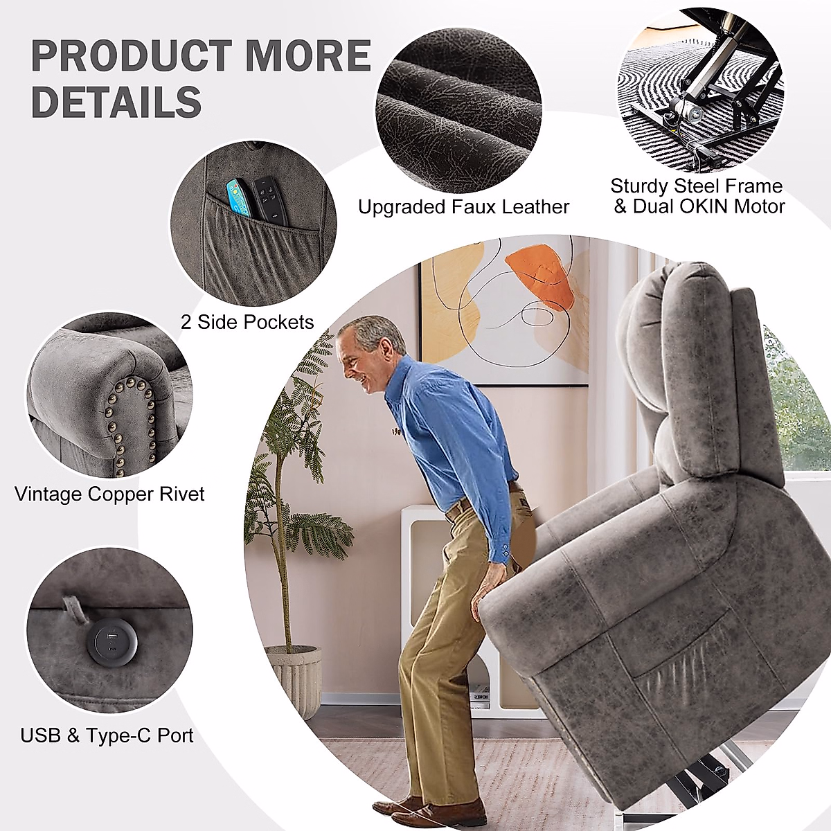 CDCASA Dual Motor Lay Flat Lift Chairs Recliners for Elderly with Massage and Heat, Breathable Leather Infinite Position Large Sleeping Electric Power Lift Chair Recliner for Seniors, Grey