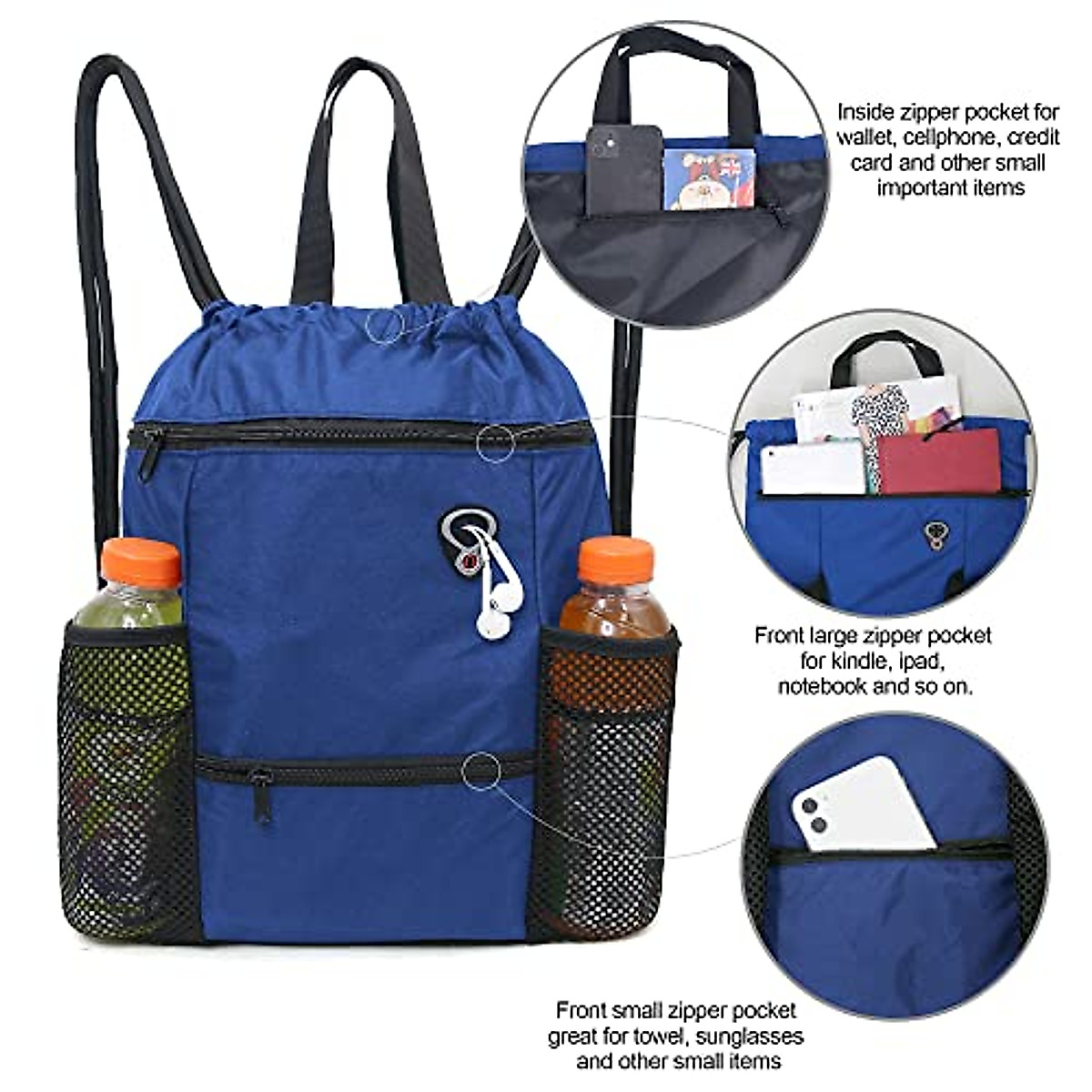BeeGreen Royal Blue Drawstring Backpack Bag String Cinch Sack Backpack with Zipper Pockets and Mesh Water Bottle Holders Beach Backpack Large 18" L x 15" W Gym Sports Swim Bag