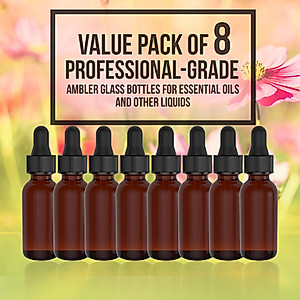 Nylea 8 Pack Essential Oil Bottles - Round Boston Empty Refillable Amber Bottle with Glass Dropper for Liquid Aromatherapy Fragrance Lot - (1 oz) 30ml