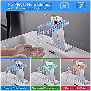ROVOGO Led Faucet for Bathroom Sink, No Battery Needed Led Faucet Light Color Changing Glass Spout, Single Handle Waterfall Faucet with Deck Plate for 1-Hole or 3-Hole Bathroom Sink, Chrome