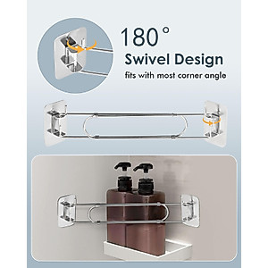 ELETHOR 2PCS RV Shower Corner Storage Bar, 7"-13" Adjustable RV Shelving Bars with 180° Swivel Angle Bases and Hooks, Stainless Steel RV Shower Caddy for SecuringToiletries