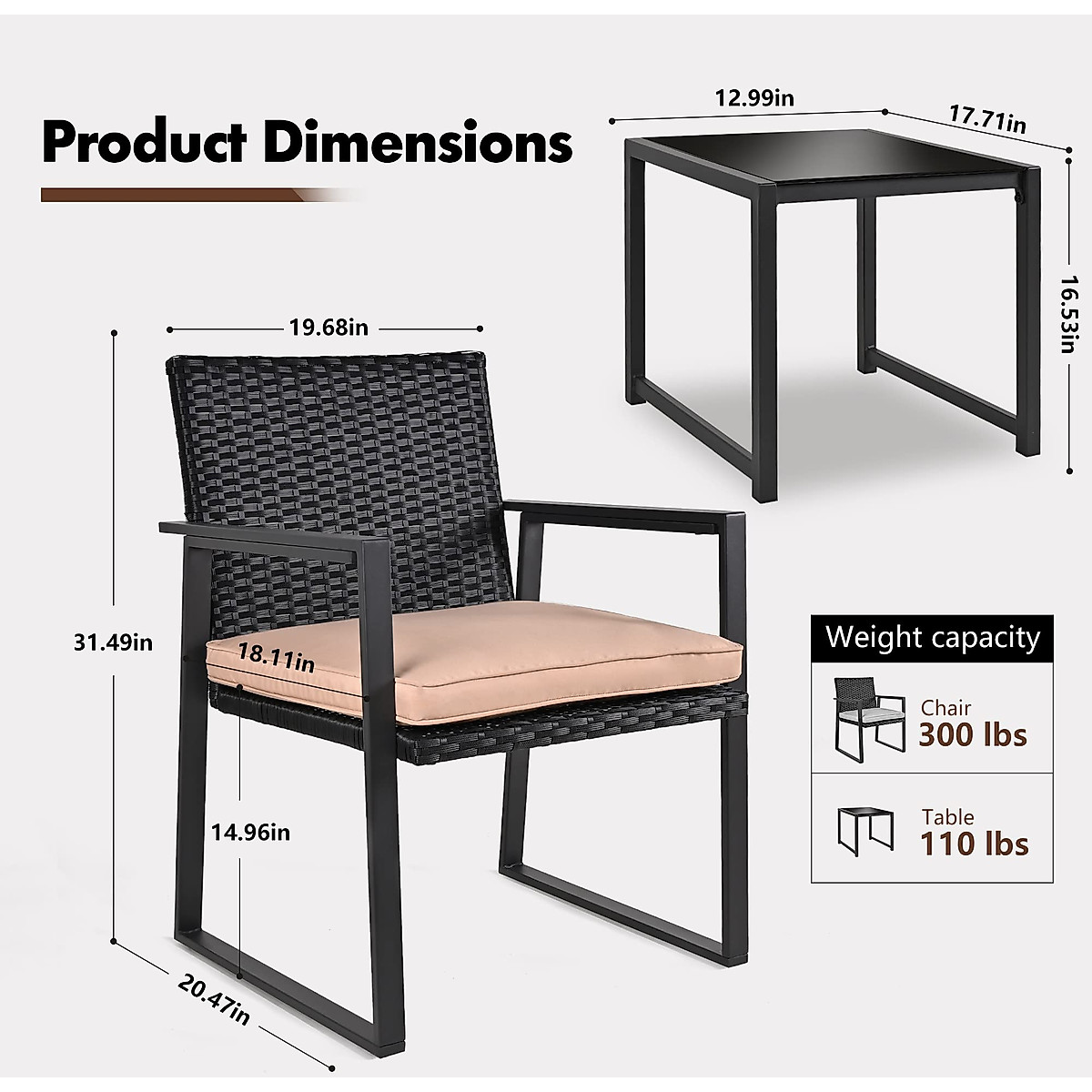 SUNLEI Outdoor 3-Piece Bistro Set Black Wicker Furniture-Two Chairs with Glass Coffee Table(Khaki)