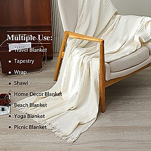 Simple&Opulence 100% Cotton Throw Blanket for Couch, Bed, Waffle Weave Cable Knit Blanket with Tassels, Soft Lightweight Pre-Washed Breathable Cozy Blanket Farmhouse Decoration for All-Season (White)