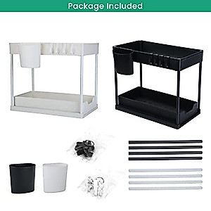 Qucover 2 Tier Under Sink Organizer, 2 Pack Bathroom Cabinet Organizers and Storage Sliding, Waterproof Kitchen Sink Organizer Under Cabinet Storage with Hooks, Hanging Cup, Black & White