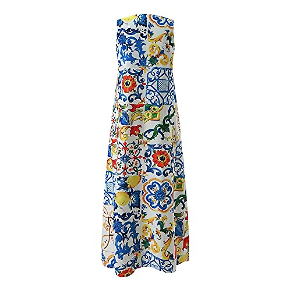 WYTong Women Dresses Sleeveless Print V-neck Maxi Dress Summer Party Cami Dress Long Dresses With Pockets(Blue,Small)
