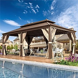 MELLCOM 12' x 20' Hardtop Gazebo,Galvanized Steel Metal Double Roof Aluminum Gazebo with Curtain and Netting,Brown Permanent Pavilion Frame for Patio, Lawn & Garden