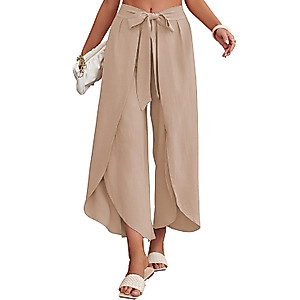 ReachMe Womens Casual Palazzo High Waisted Flowy Wide Leg Pants Bowtie Front Split Wrap Pants Trousers(1 Beige,XL)