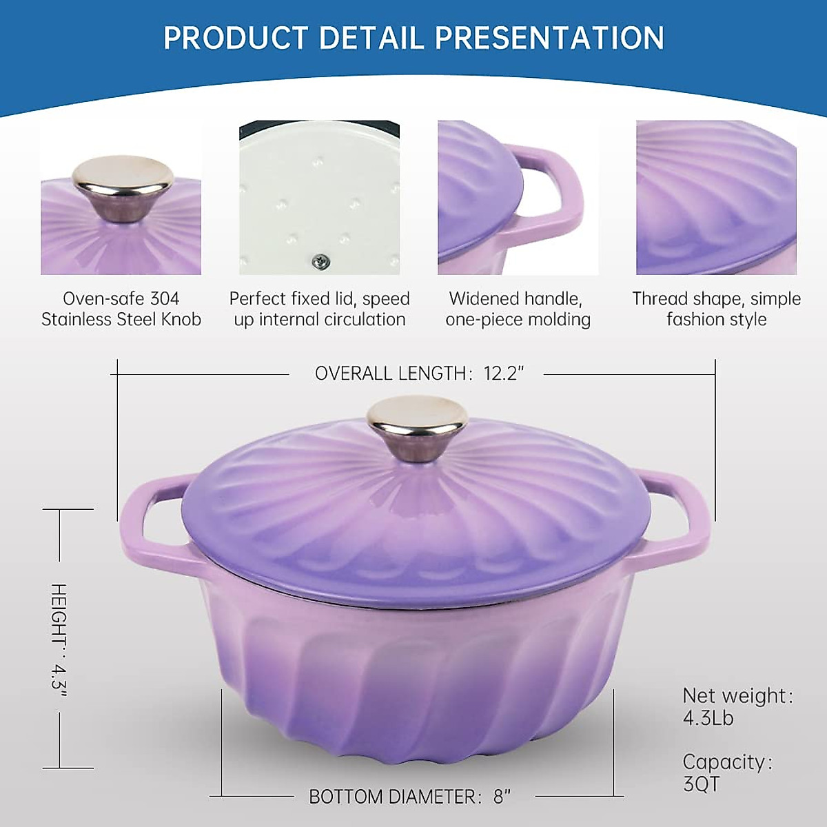 M-COOKER 4 Quart Enameled Cast Iron Covered Round Dutch Oven with Lid, Casserole, Pot, French Oven, Purple