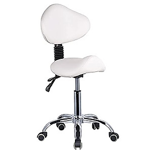 Height Adjustable Saddle Stool with Back Support, Ergonomic Hydraulic Swivel Rolling Chair with Removable Backrest for Beauty Salon Massage Dental Clinic Office, White