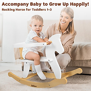 Belleur Wooden Rocking Horse for Toddler 1-3 Year Old, Baby Wood Ride-on Toys with Removable Fence for Indoor & Outdoor Activities, Boys & Girls Rocking Animal for Birthday Pink