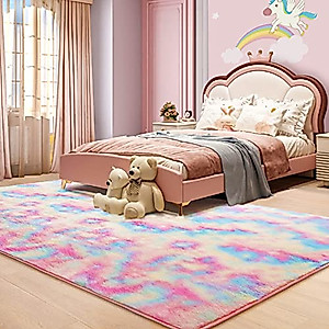 Rtizon Soft Rugs for Girls Bedroom, 5x8 Feet Shaggy Fluffy Rainbow Area Rug for Kids Playroom Living Room Dorm, Kawaii Tie-Dye Princess Rug for Kids Toddler