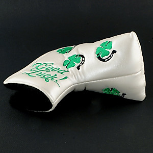 Clover and Horseshoe Headcover for Blade and Midsize Mallet Putter, White, Golf Head Cover