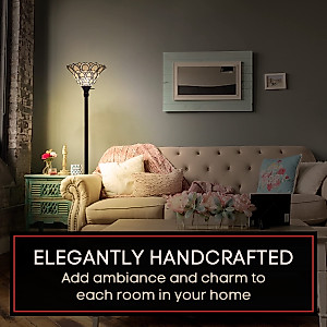 Amora Tiffany Floor Lamp Torchiere - Traditional Style Peacock Design 69” Stained Glass Lamp, Custom Handcrafted Pole Lamp with 3-Way Rotary Switch - Decorative Floor Lamp for Living Room