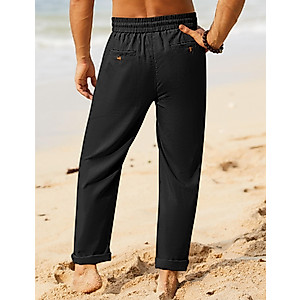 iWoo Mens Elastic Waist Drawstring Pants Summer Beach Pants Linen Yoga Pants Black XL