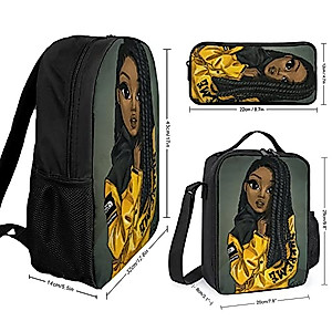 FDASLJ African American Black Girl Backpack 3 in 1 Book Bag Daypack with Lunch Bag/Box Pencil Case