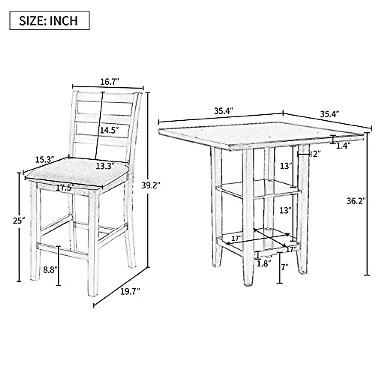 UMISOL 5 Piece Square Dining Table Set for Small Space, Farmhouse Style Counter Height Table Set with 2 Tier Storage Shelving and 4 Padded Chairs (Gray)