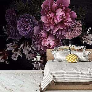 GLWYHY - 3D Visual Black Background Purple Floral Wallpaper Bedroom Beautiful Peony Decorated Mural（Non-self-Adhesive Wall Stickers）