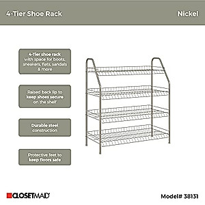 ClosetMaid 4-Tier Wire Shoe Rack Organizer, Nickel Finish, Easy to Assemble, Holds 12 Pairs, for Closet, Bedroom with Sturdy Design