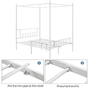 Yaheetech Metal Canopy Platform Bed Frame Four-Poster Canopied Bed Mattress Foundation with Headboard and Footboard Sturdy Slatted Structure No Box Spring Needed Easy Assembly Full White