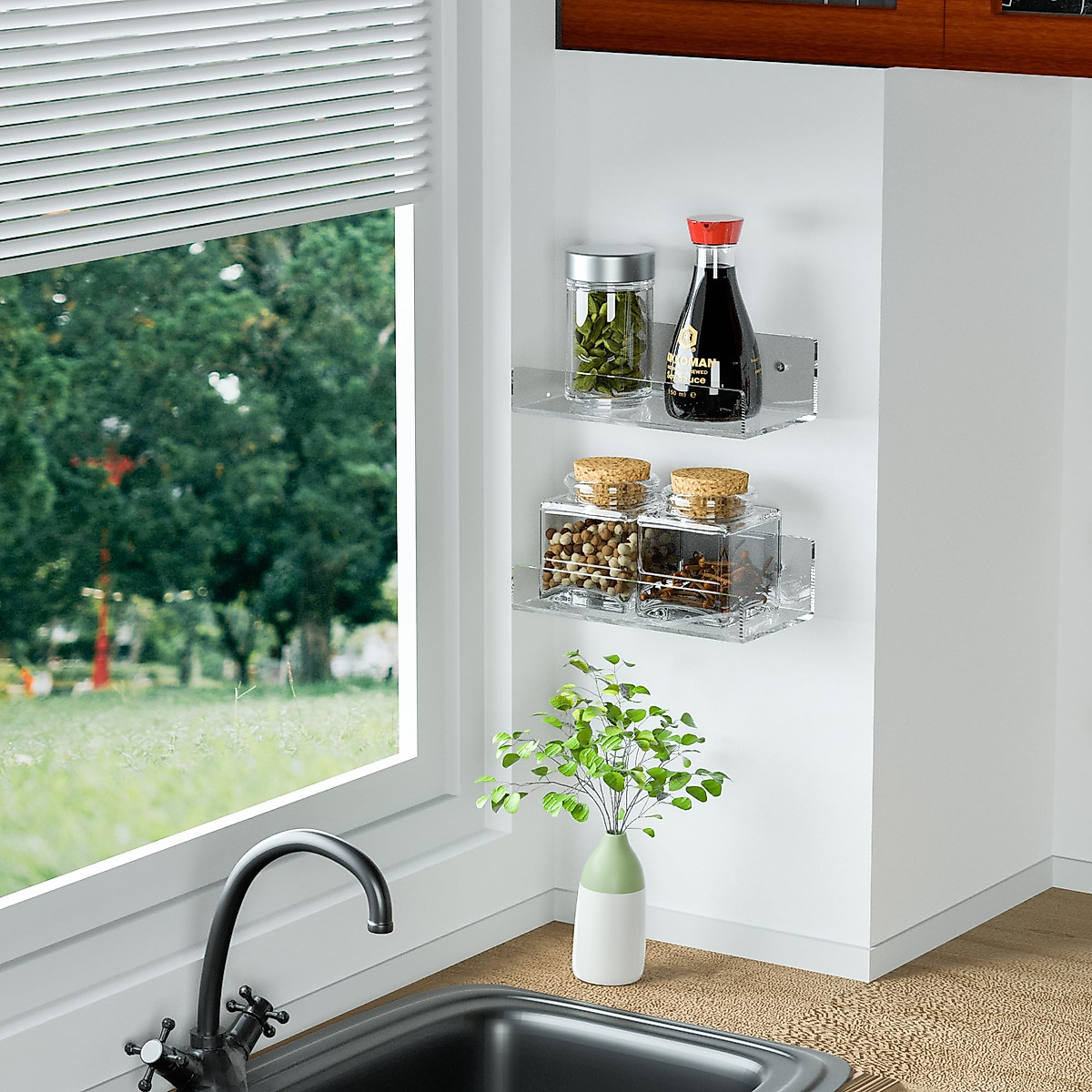 Hexsonhoma 7'' Clear Acrylic Wall Shelf 2 Pack, Acrylic Floating Shelves, Acrylic Small Shelf for Books, Home Décor, Digital Clock, Speaker, Wine Bottle